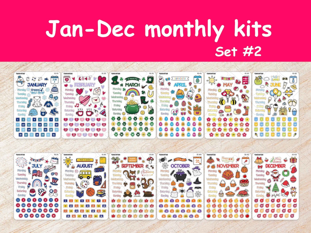 Monthly Planner Stickers Sheets for 12 Months Different Themes - Cute ...