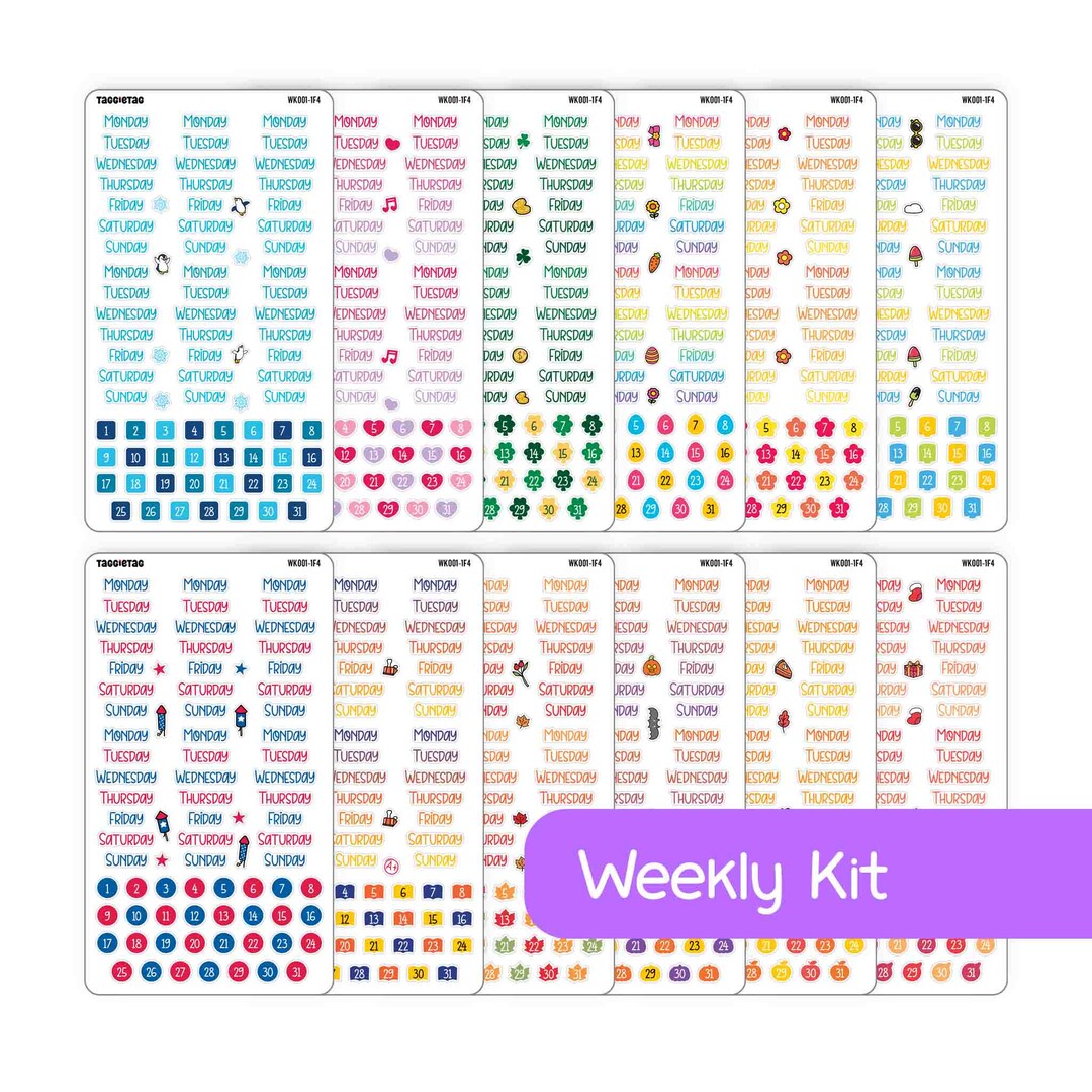 Days of the Week Planner Stickers Weekly Kits for 12 Months of ...