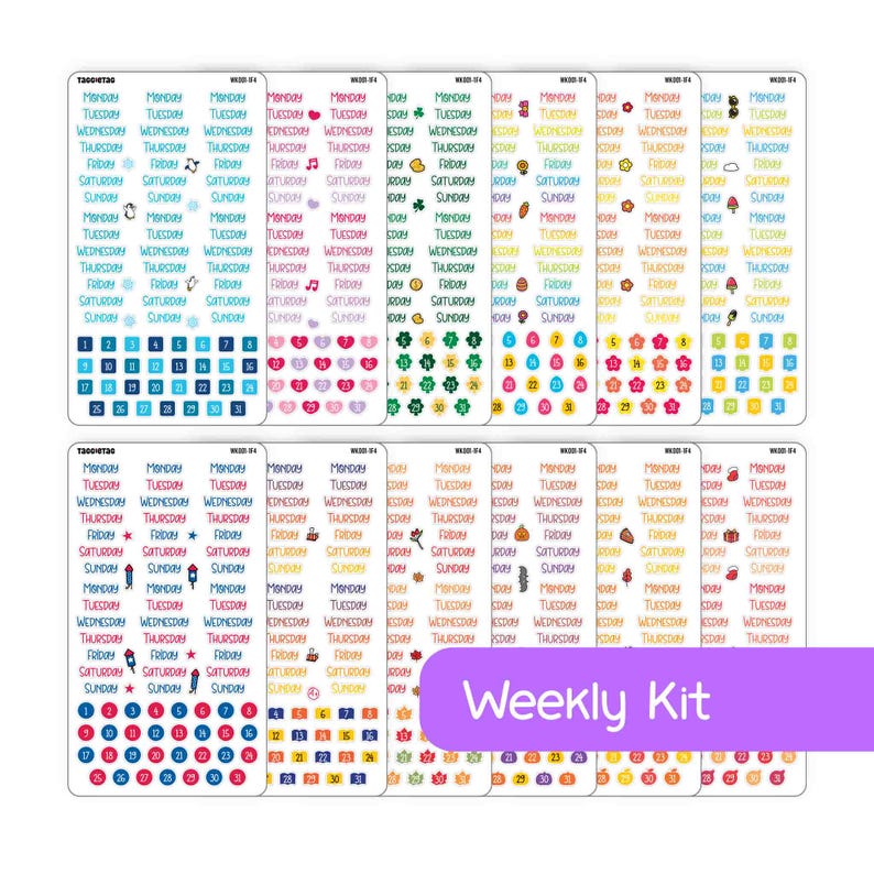 Set #2 Days of the Week Planner Stickers Weekly Kits for 12 Months of ...