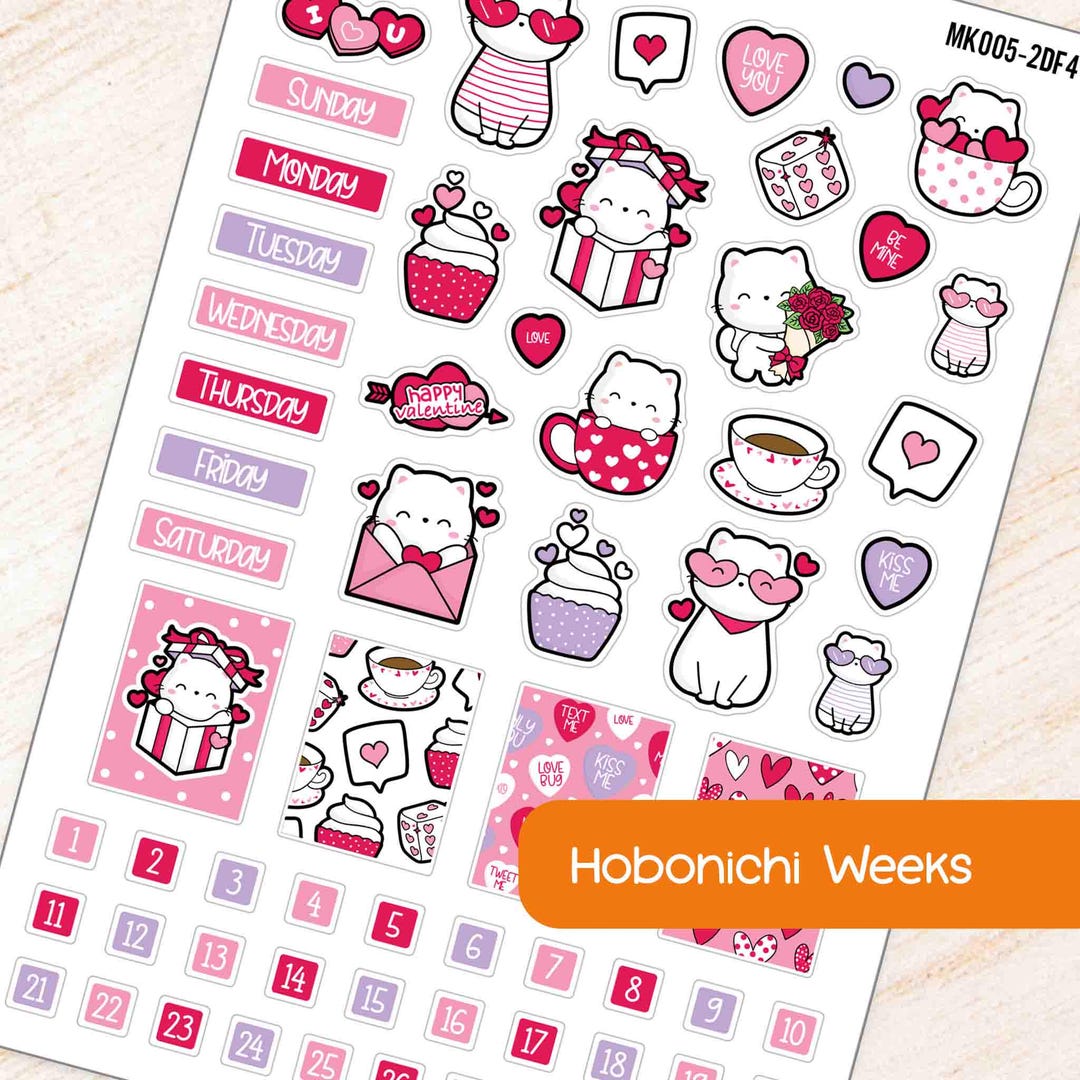 February Cats & Hearts Valentine Theme Planner Stickers | Hobonichi ...