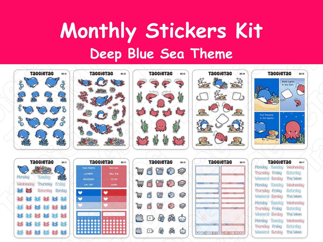 Monthly Planner Stickers Kit in Deep Blue Sea Theme Cute Dolphin and ...