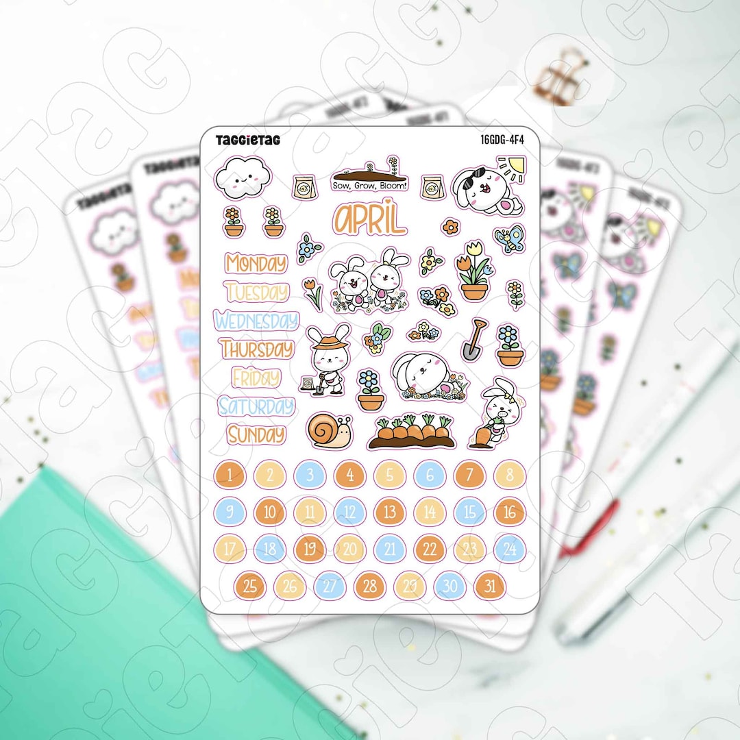April Bunny Gardening Monthly Planner Stickers Sheet - Cute Deco Spring ...