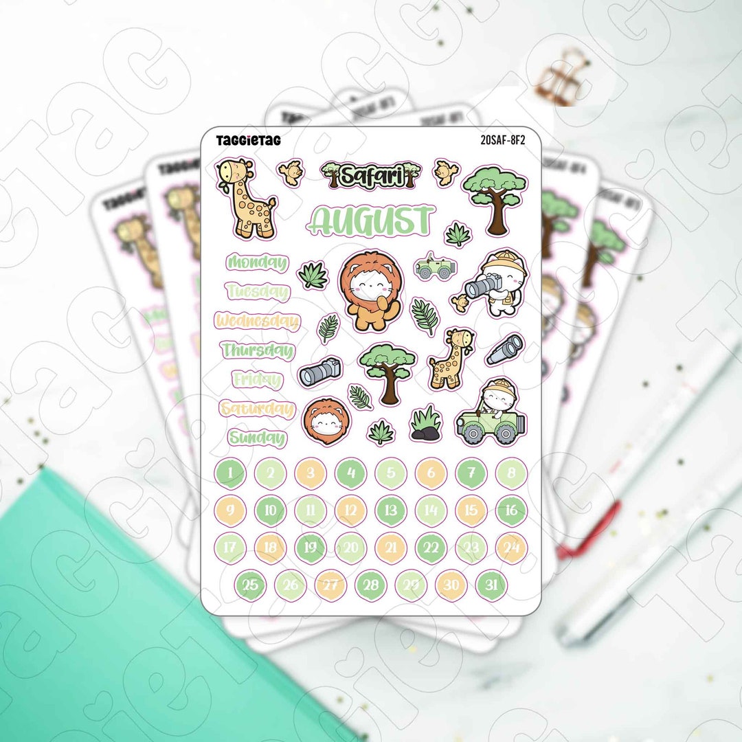 August Planner Sticker Sheet in Safari Theme - Cat Calendar Stickers ...