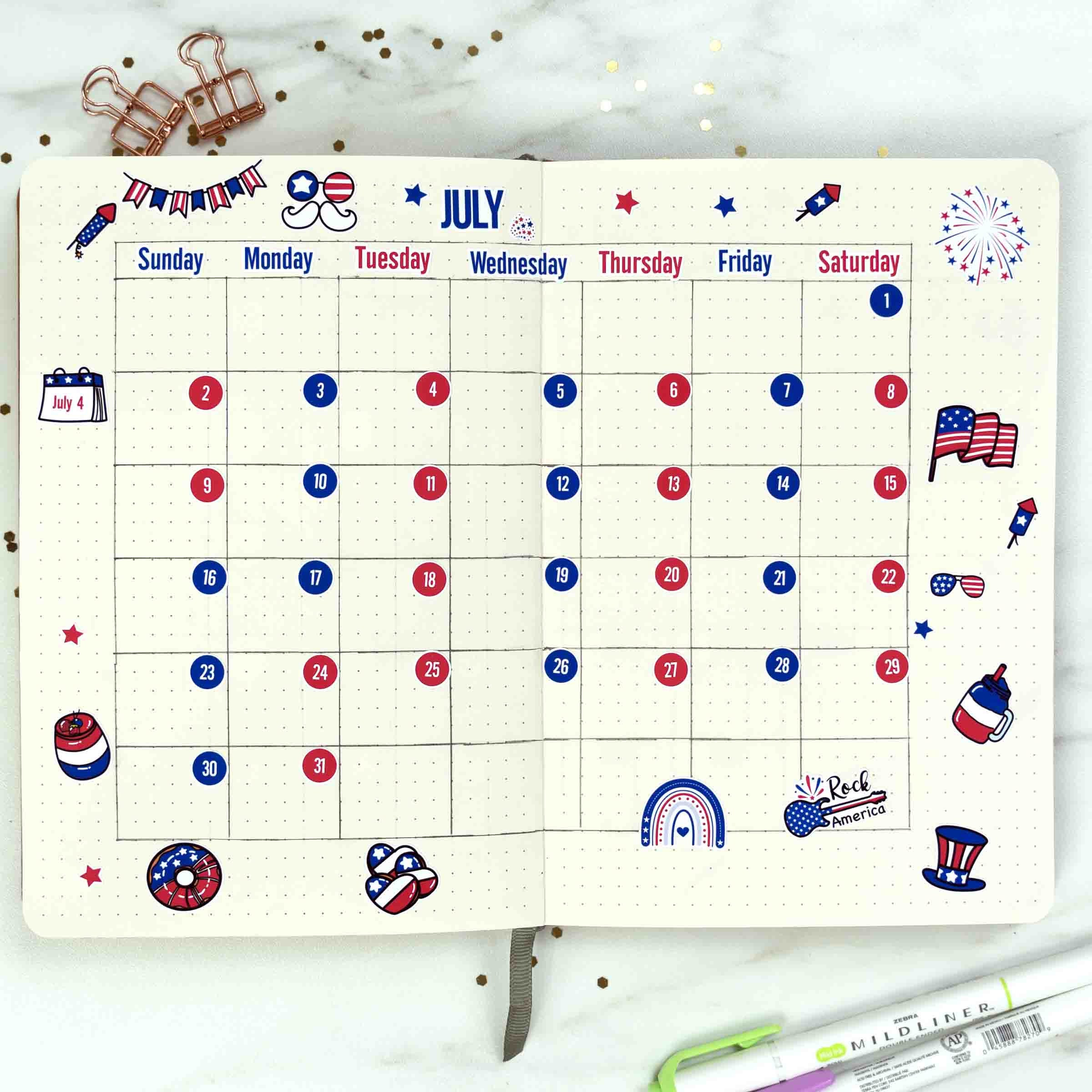Sticker for 4th July Planner Sticker Monthly Kit for Bullet - Etsy