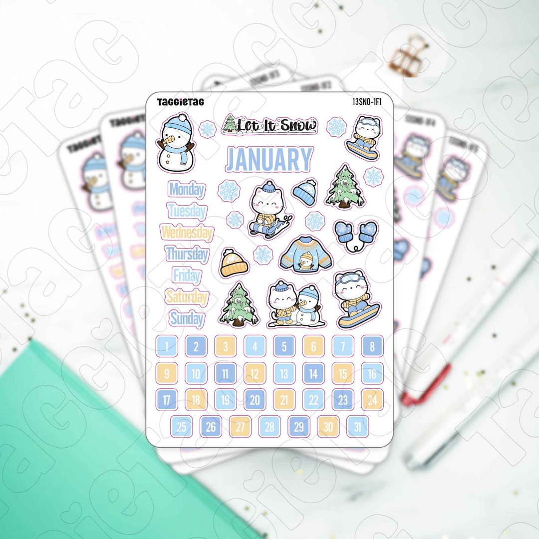 January Monthly Planner Stickers Sheet in Winter Themed - Cat Calendar ...
