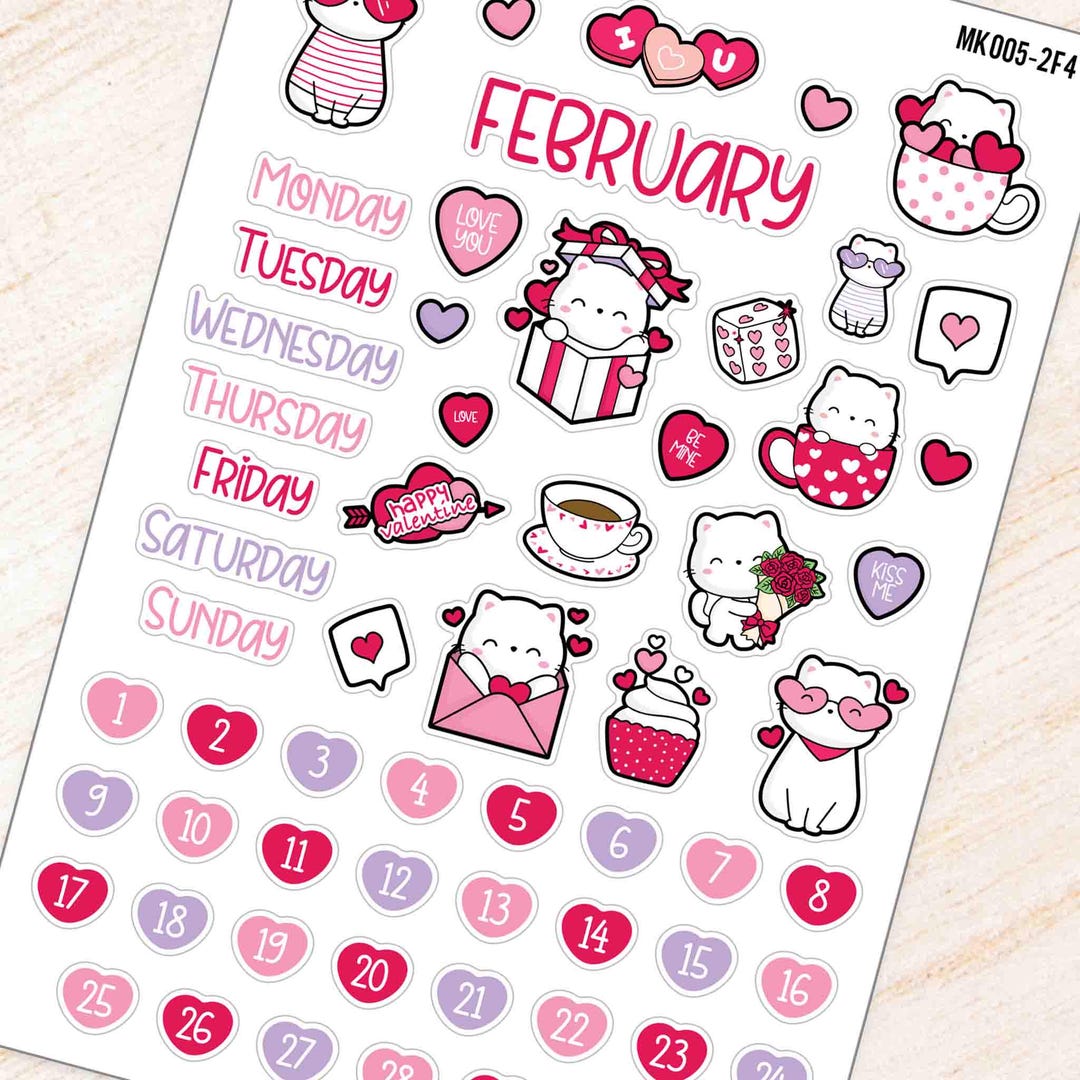 February Cats & Hearts Valentine Theme Planner Stickers Monthly Kit ...