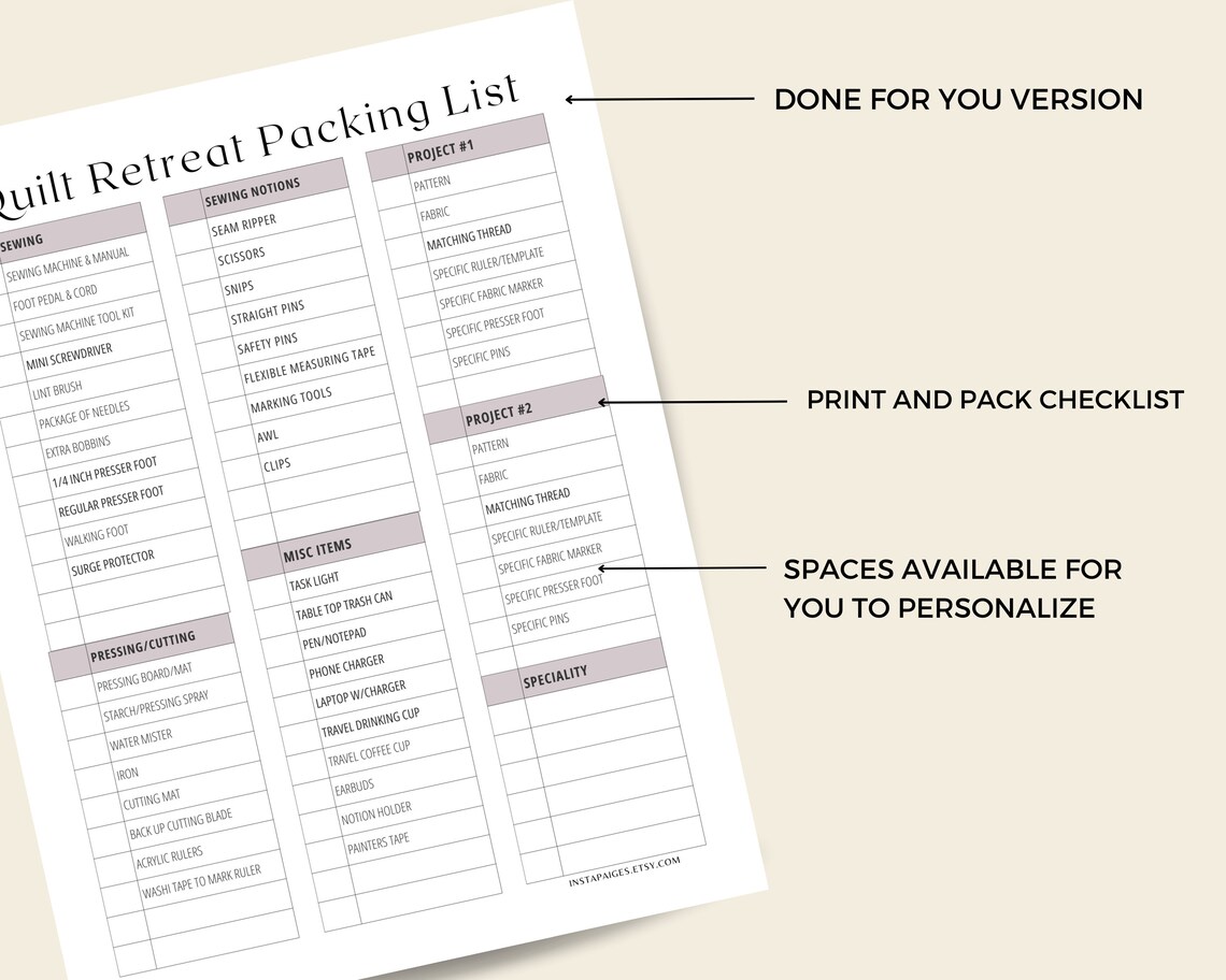 Quilt Retreat Packing Bundle, Quilters Retreat Packing Checklist, Quilt ...