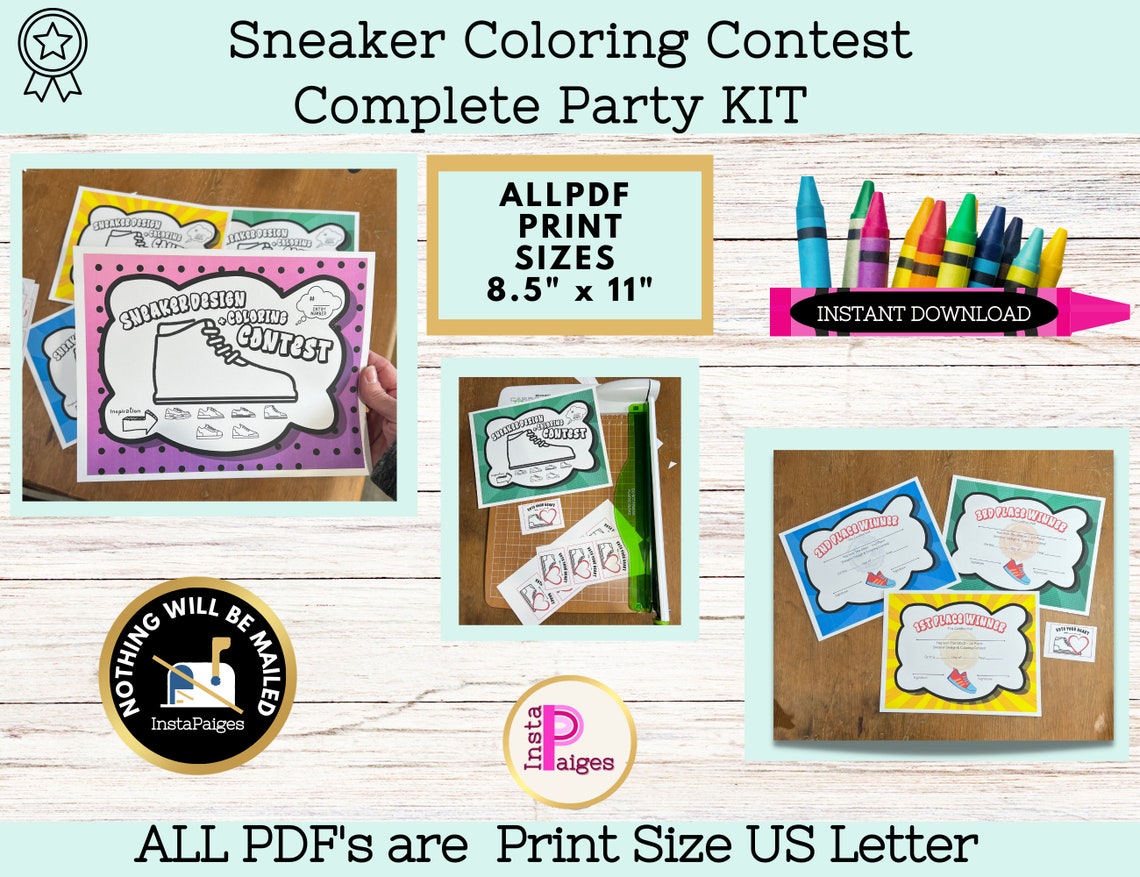 Sneaker Coloring Contest Party Game With Award Certificate Prizes ...