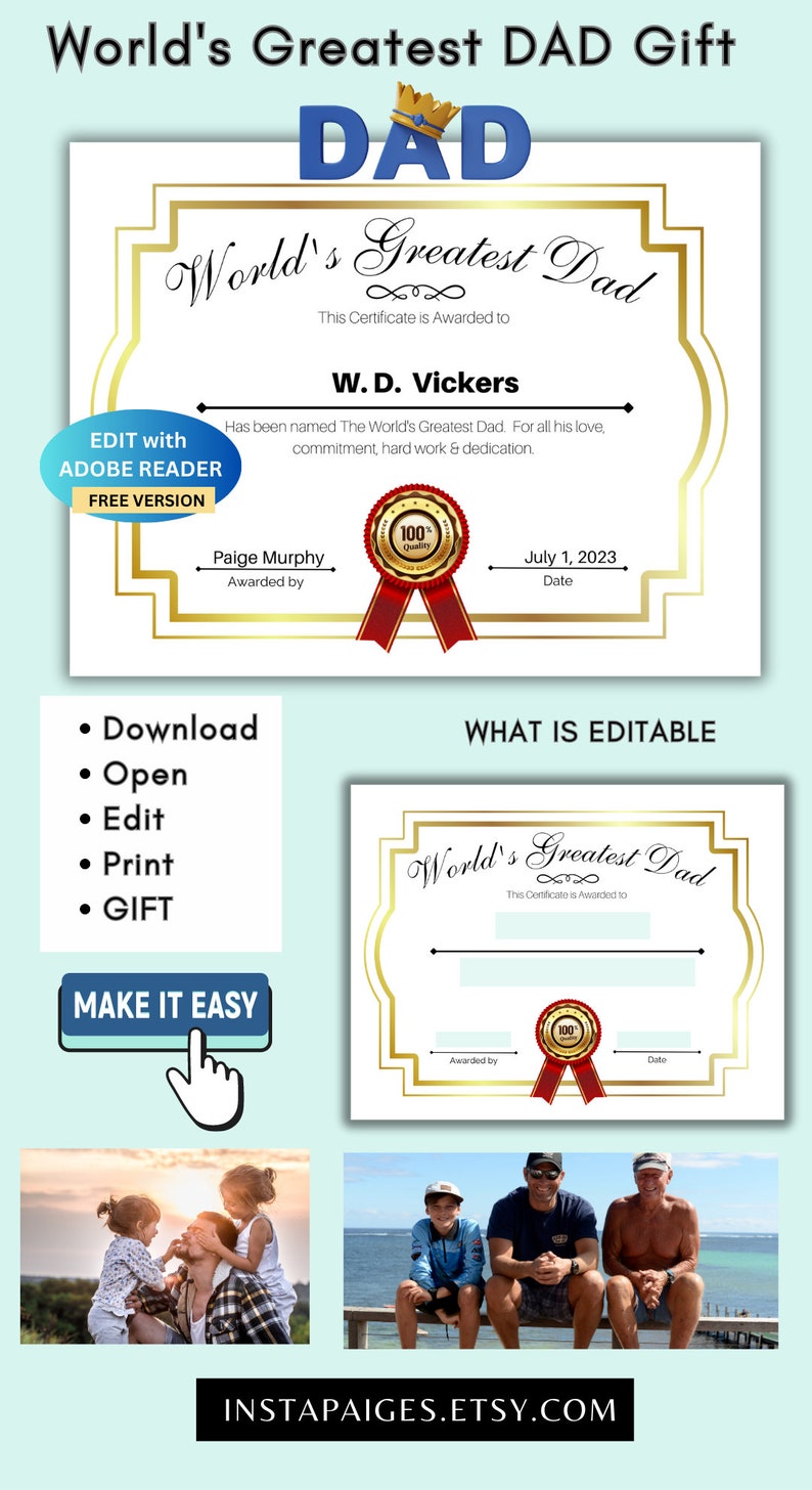 Worlds Greatest Dad Award Certificate, Best Dad Award, Best Dad Ever ...