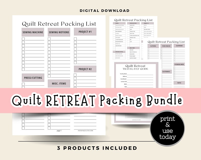 Quilt Retreat Packing Bundle, Quilters Retreat Packing Checklist, Quilt ...