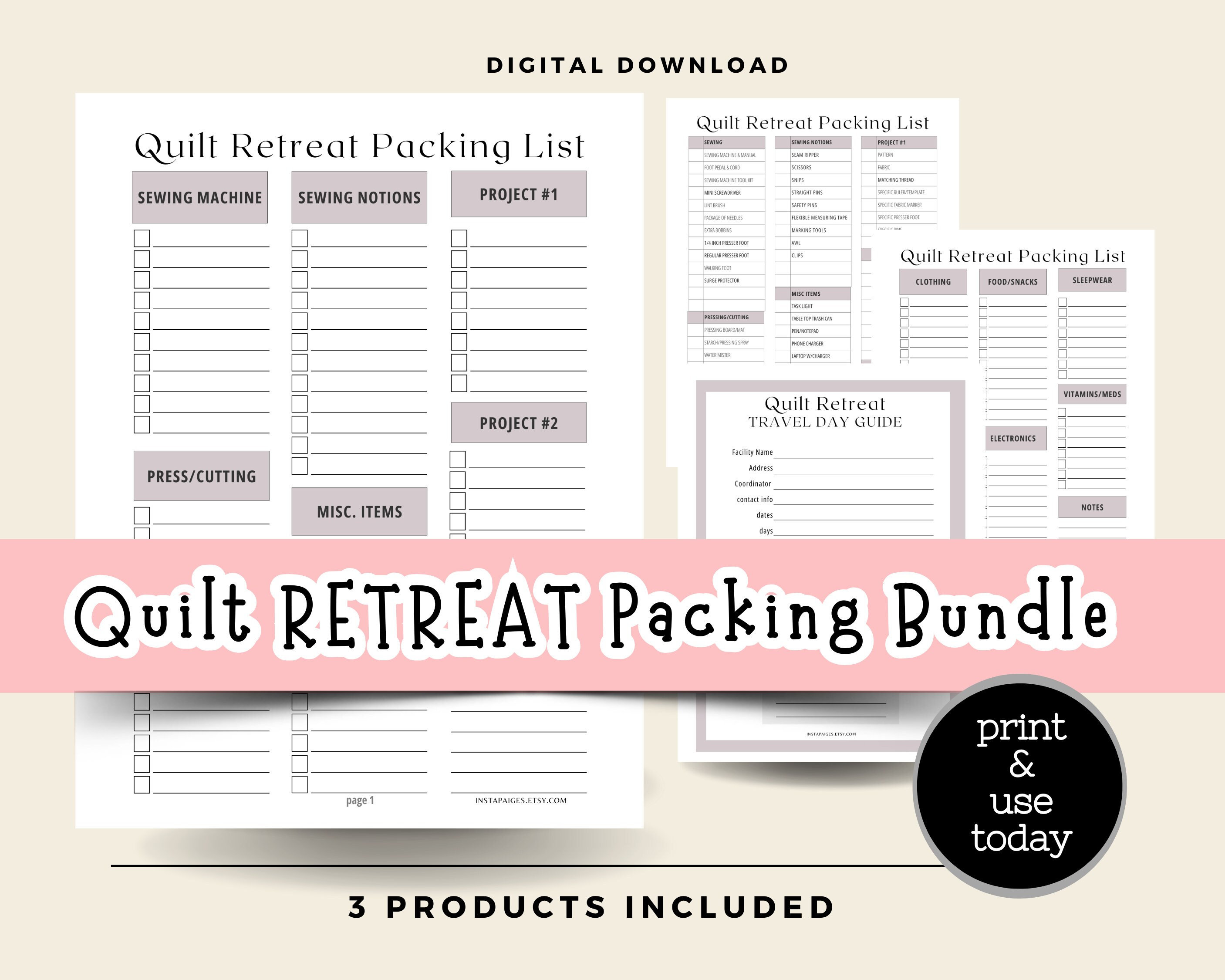 Quilt Retreat Packing Bundle, Quilters Retreat Packing Checklist, Quilt ...
