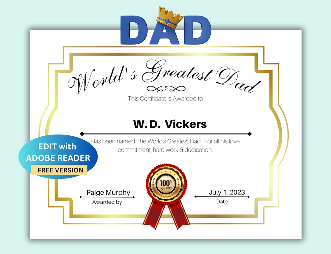 Worlds Greatest Dad Award Certificate, Best Dad Award, Best Dad Ever ...