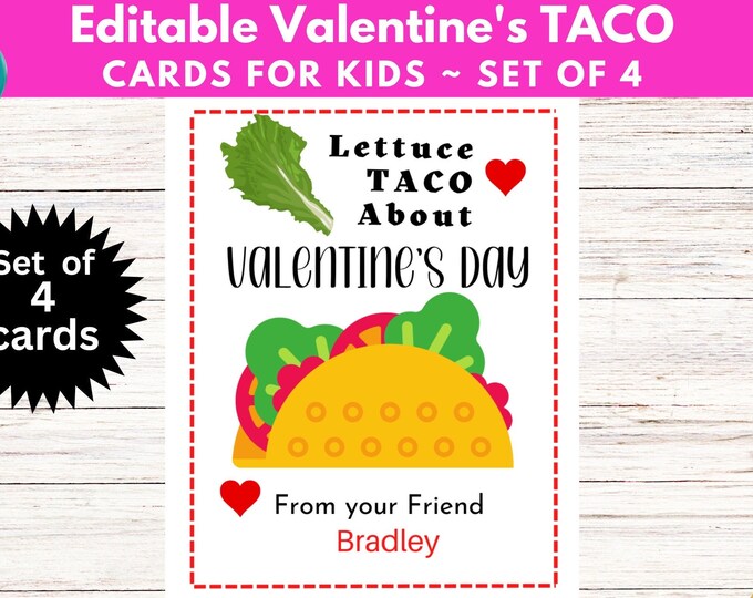 Printable Taco Valentine's Day Cards, Valentines Card for Kids, Taco ...