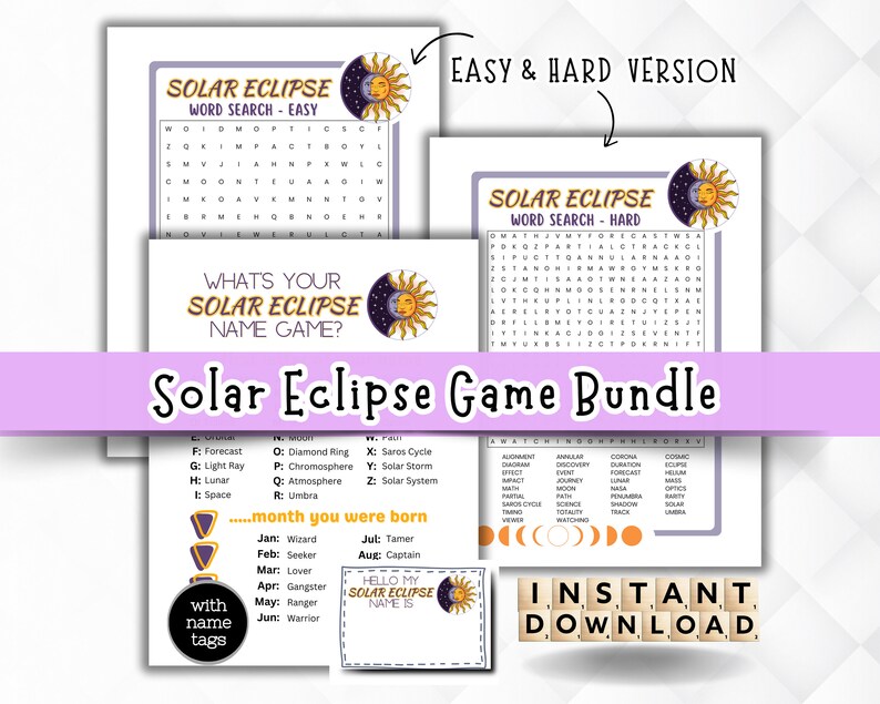 Solar Eclipse Game Bundle, Word Search, Name Game, Games for Kids, Solar Eclipse 2024, Totality ...