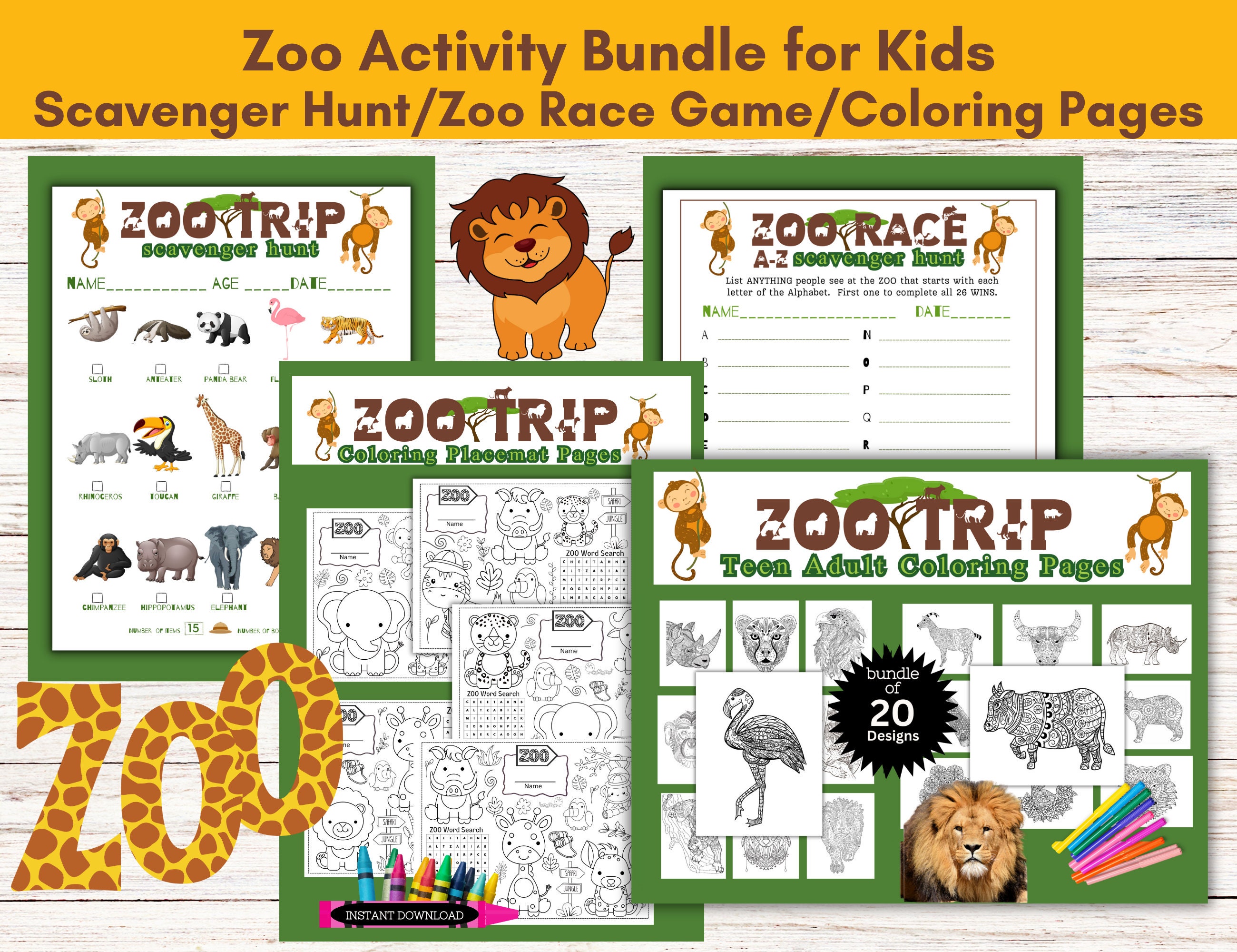 Zoo Scavenger Hunt Game Bundle, Zoo Animals Coloring Pages, A-Z Zoo ...