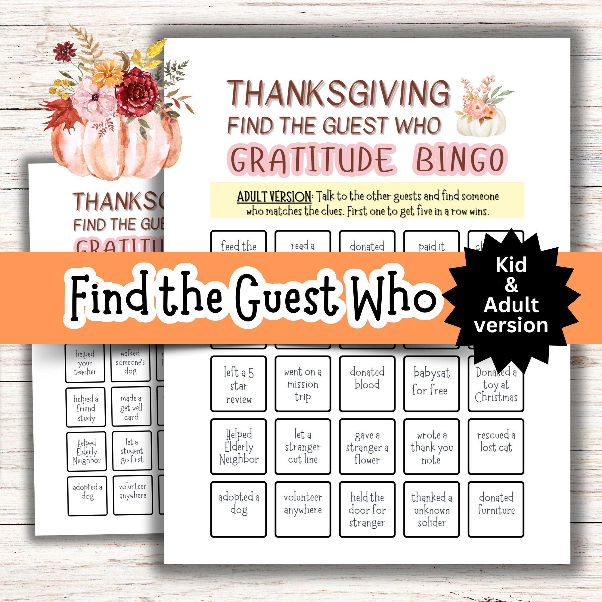 Find the Guest Bingo, Gratitude Game, Thanksgiving Bingo, Find the ...