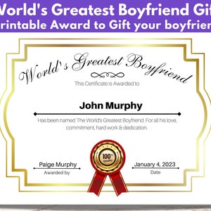 World's Greatest Boyfriend Award Certificate, 6 Month Anniversary ...