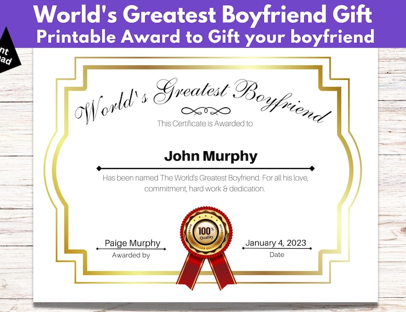 World's Greatest Boyfriend Award Certificate, 6 Month Anniversary ...