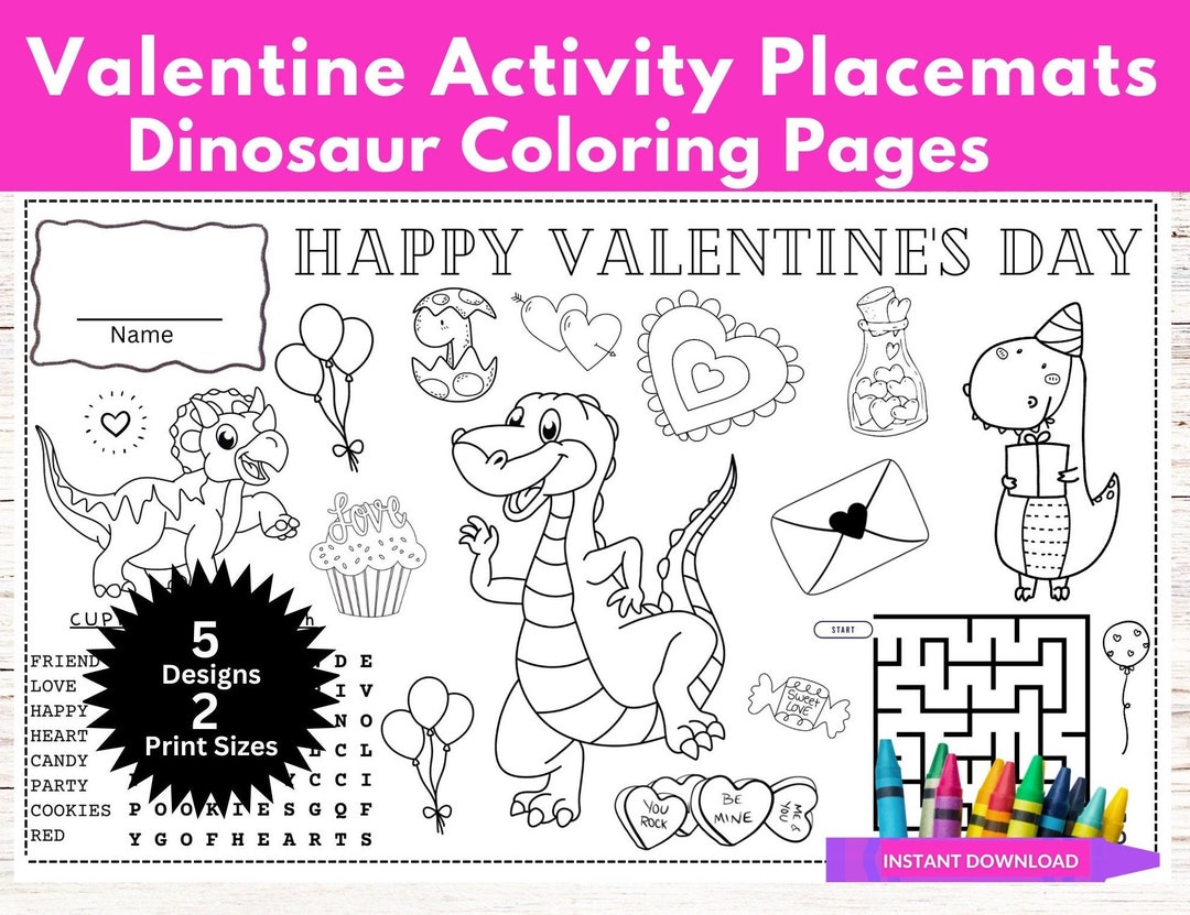 Valentine's Day Dinosaur Activity Placemats / Valentine's Bundle ...
