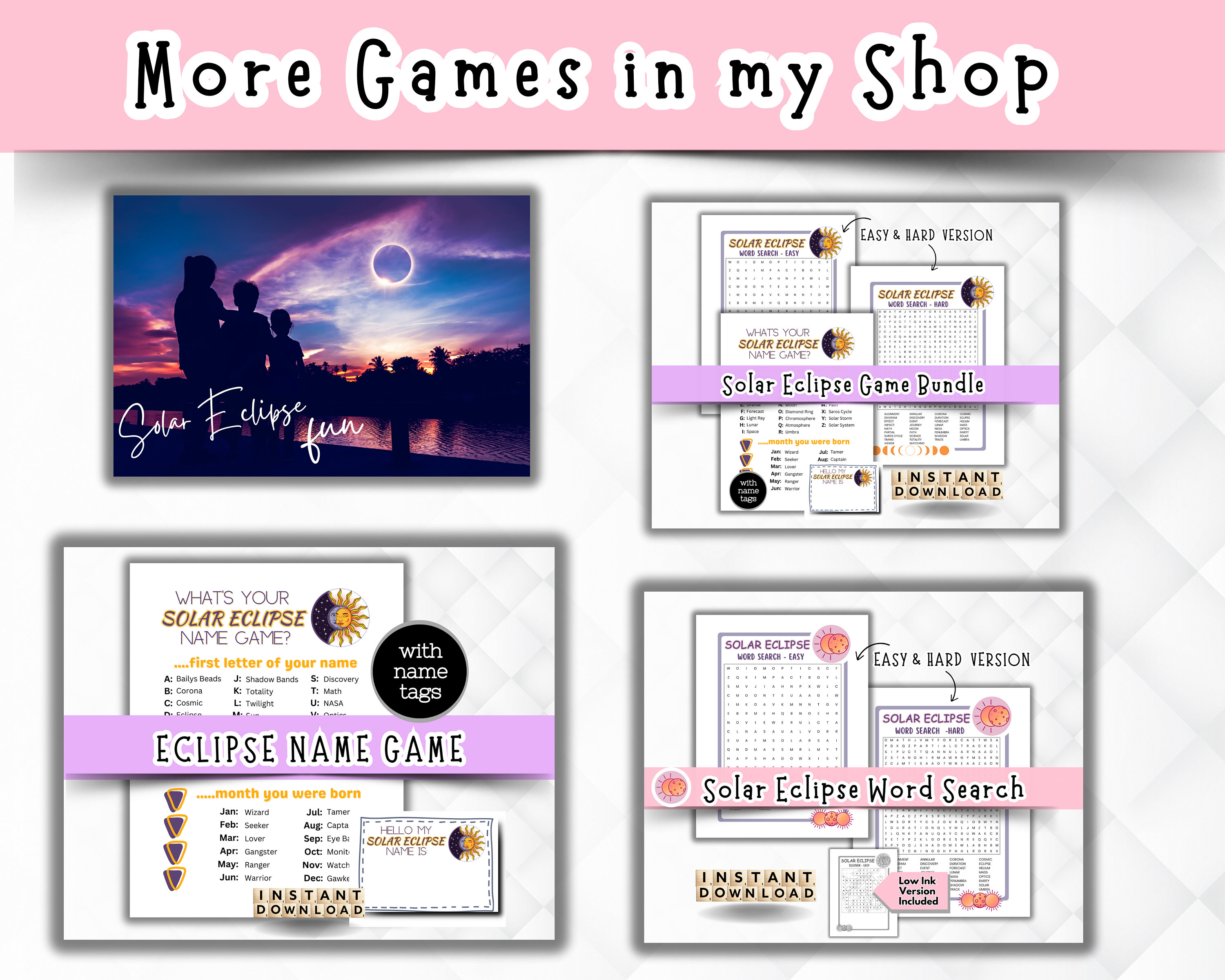 Solar Eclipse Game Bundle, Word Search, Name Game, Games for Kids ...