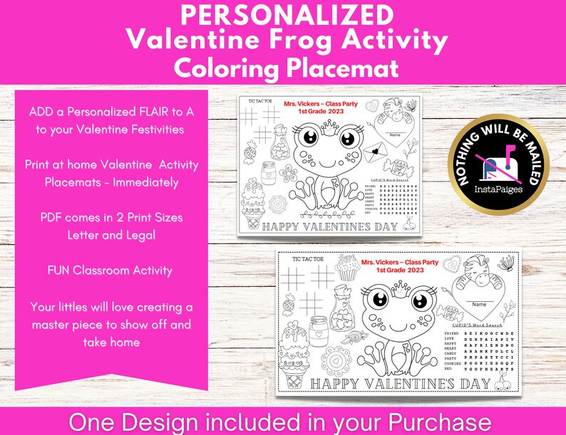 Valentine Custom Activity Placemat, Classroom Valentines Personalized ...