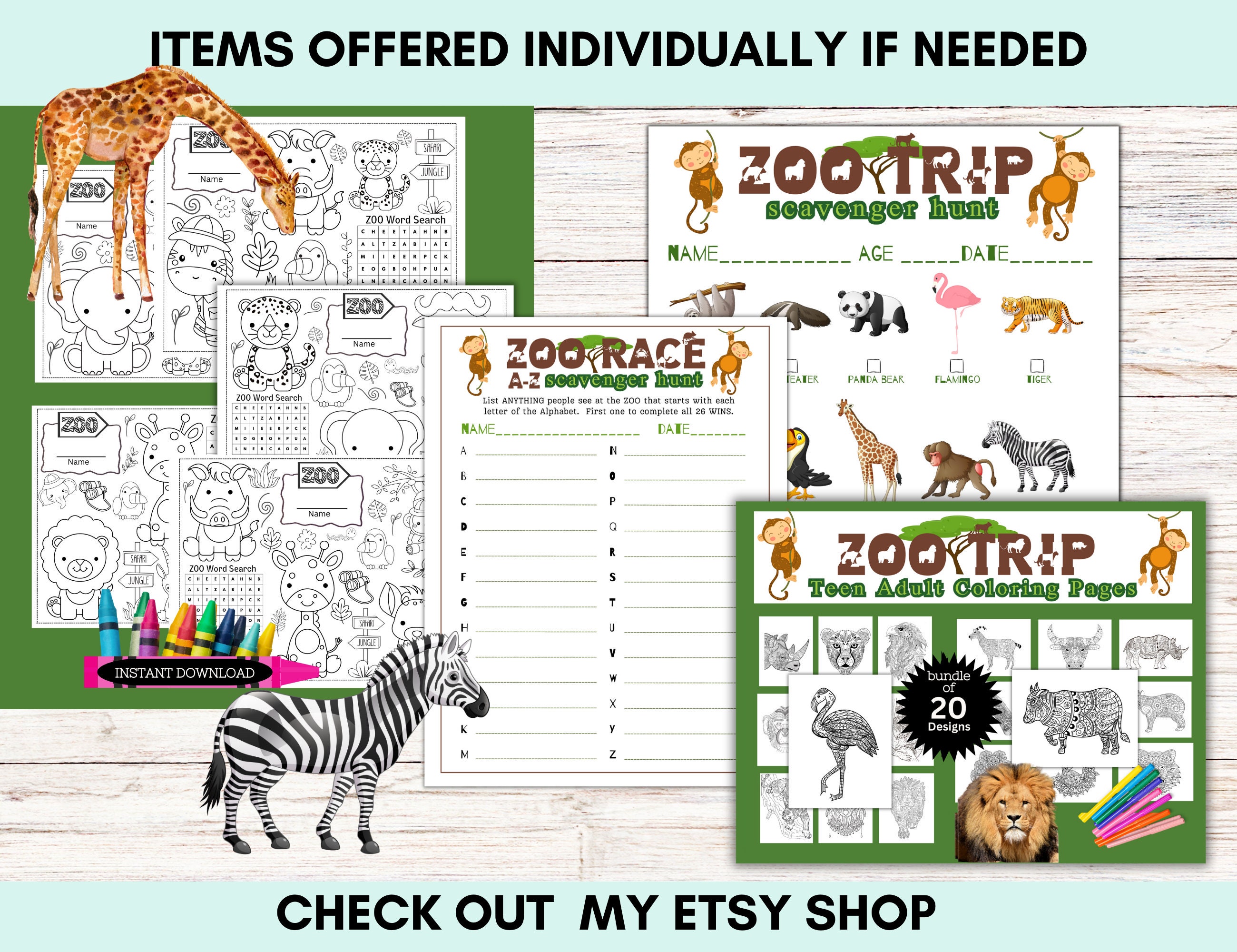 Zoo Scavenger Hunt Game Bundle, Zoo Animals Coloring Pages, A-Z Zoo ...