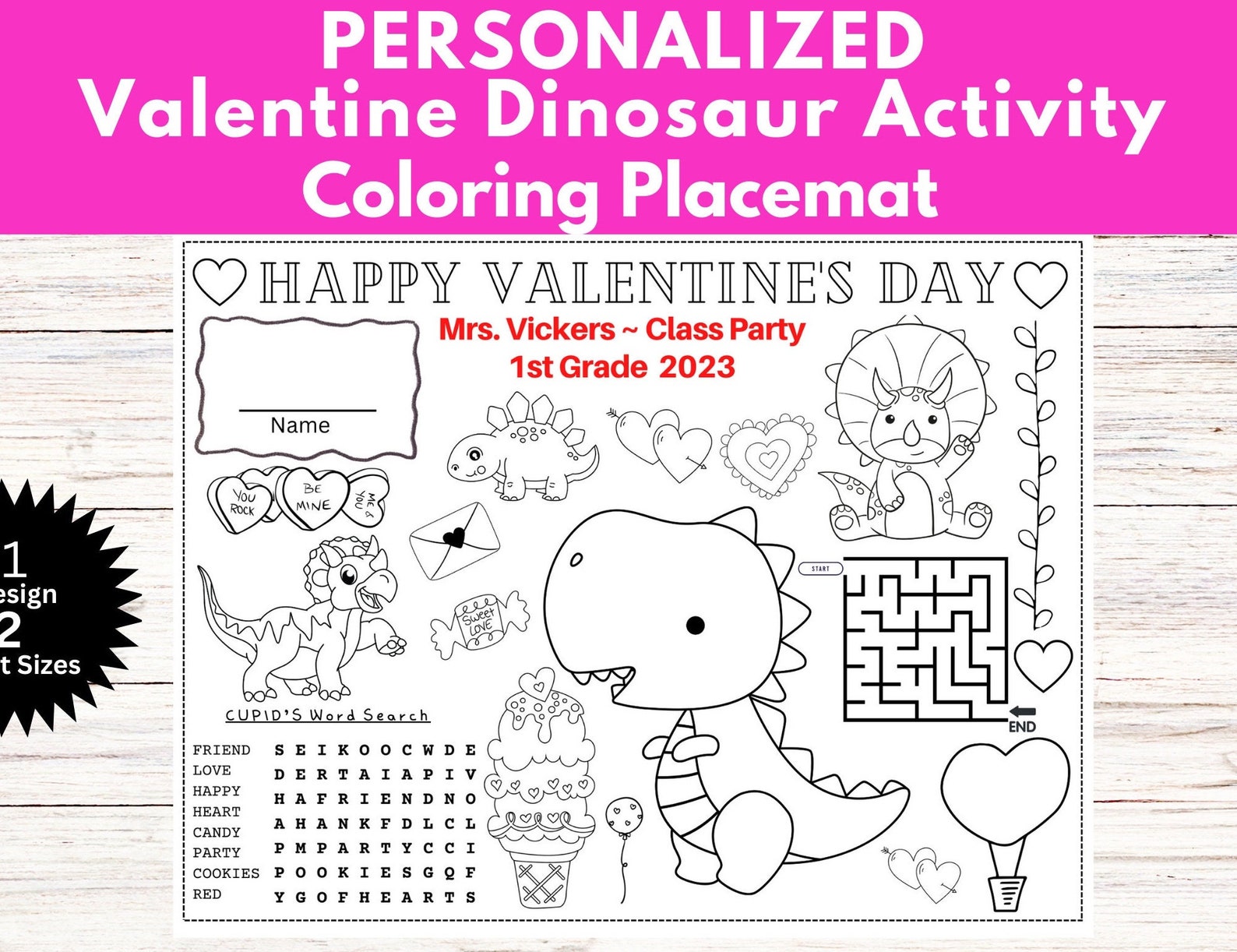 Valentine Day Dinosaur Placemats, Dinosaur Activities for Kids ...