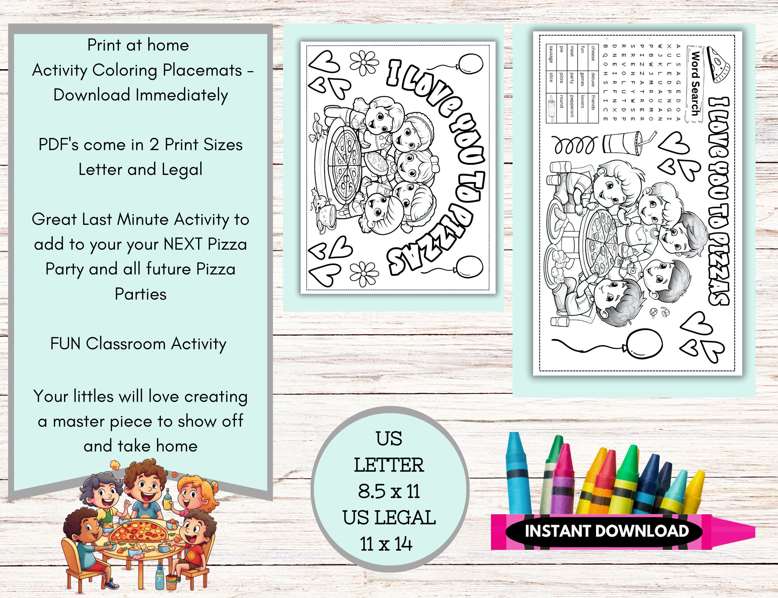 Love You to Pizzas Coloring Page, Pizza Party Game, Favors, Decorations ...