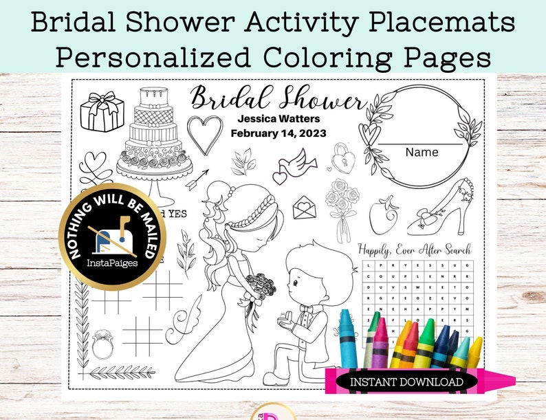 Bridal Shower Coloring Page Placemats, Custom Unique Wedding Shower ...