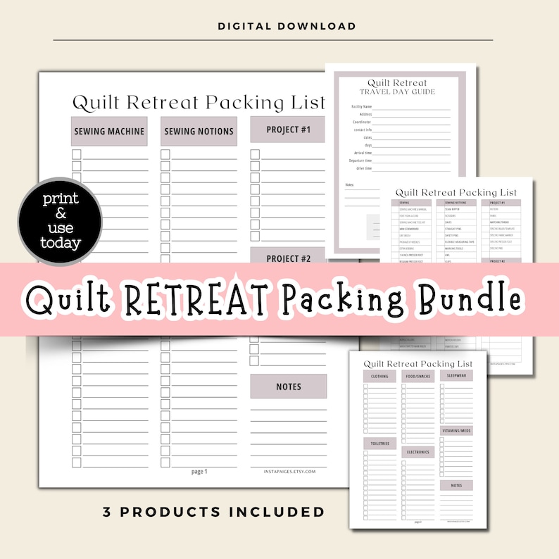 Quilt Retreat Packing Bundle, Quilters Retreat Packing Checklist, Quilt ...