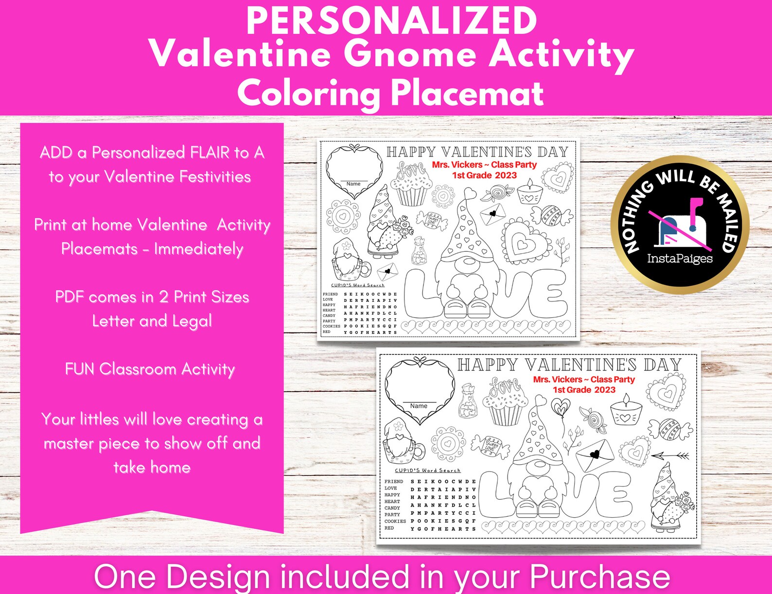 Gnome Valentine Custom Activity Placemat, Classroom Valentines ...