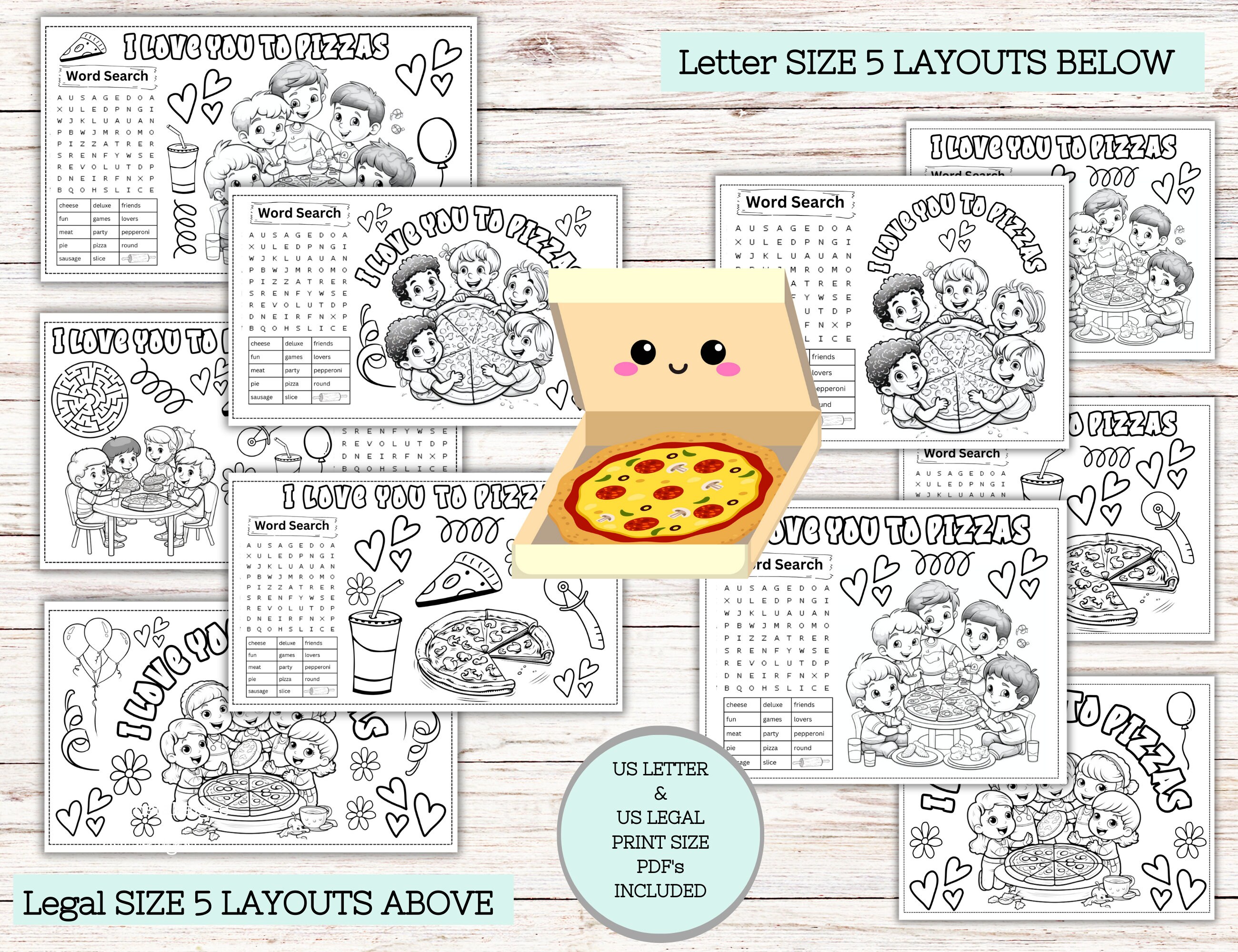 Love You to Pizzas Coloring Page, Pizza Party Game, Favors, Decorations ...