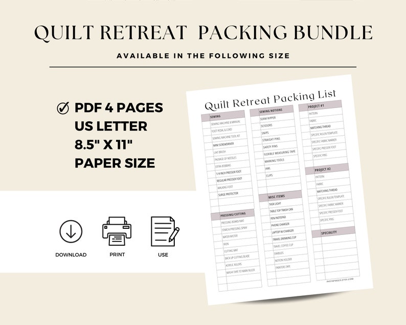 Quilt Retreat Packing Bundle, Quilters Retreat Packing Checklist, Quilt ...
