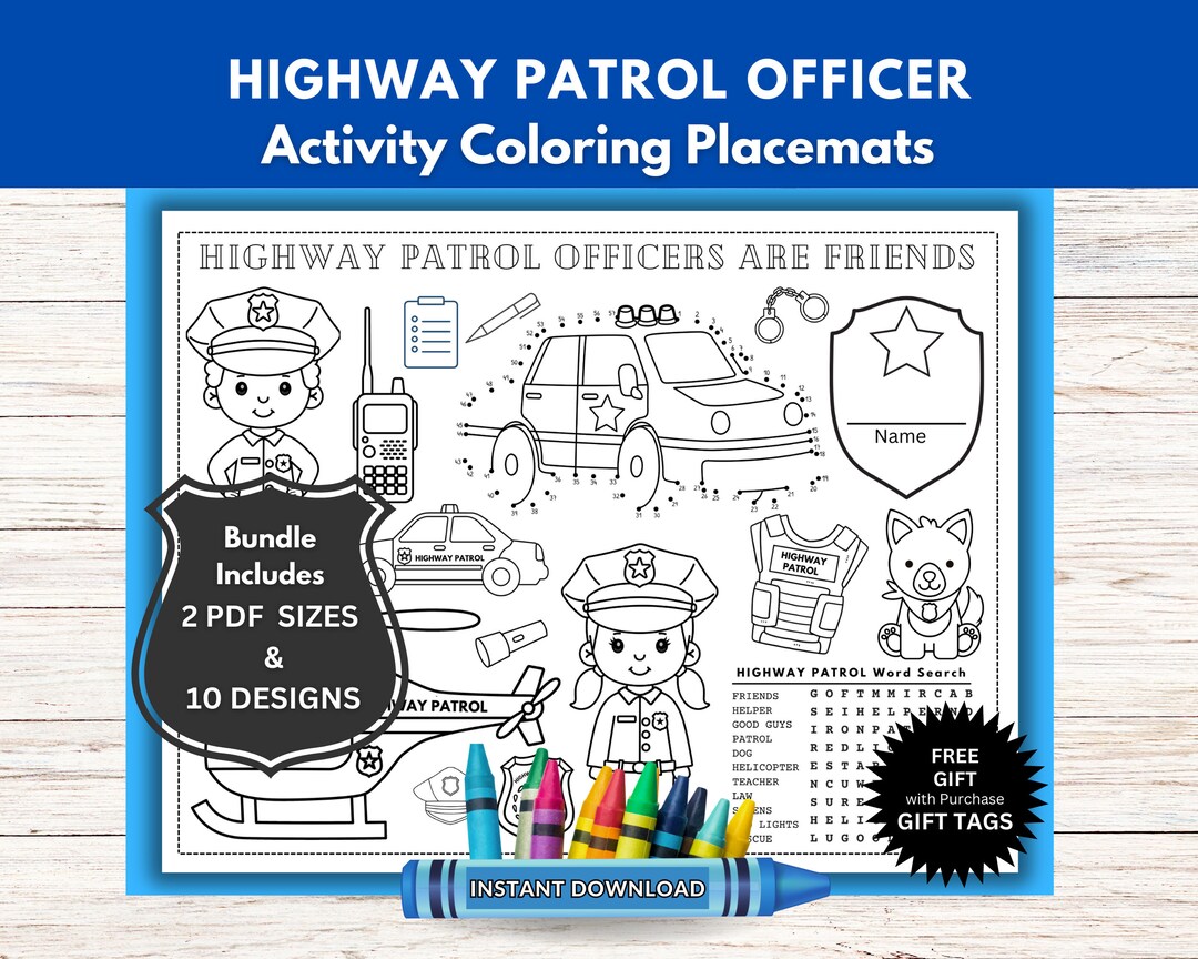 Highway Patrol Officers / Police Support Activity Coloring Placemats ...