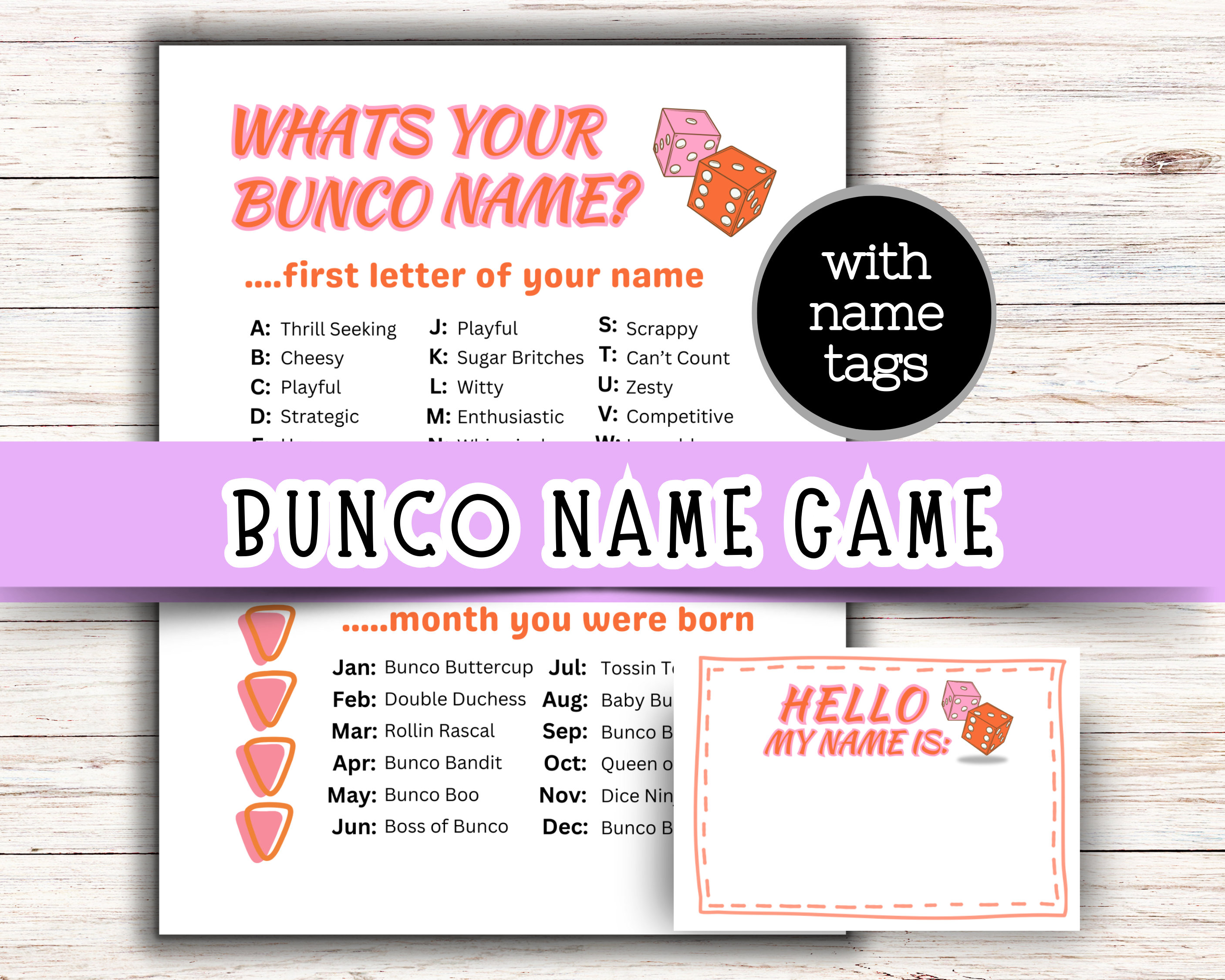 What's Your Bunco Name Game, Funny Name Generator Game, Name Tag Game ...