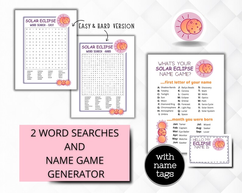 Solar Eclipse Game Bundle, Word Search, Name Game, Games for Kids ...