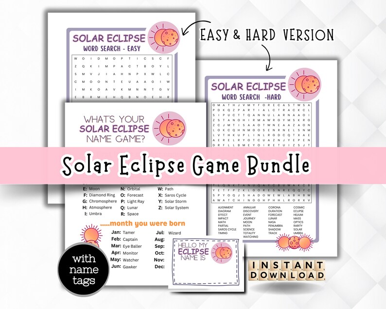 Solar Eclipse Game Bundle, Word Search, Name Game, Games for Kids ...
