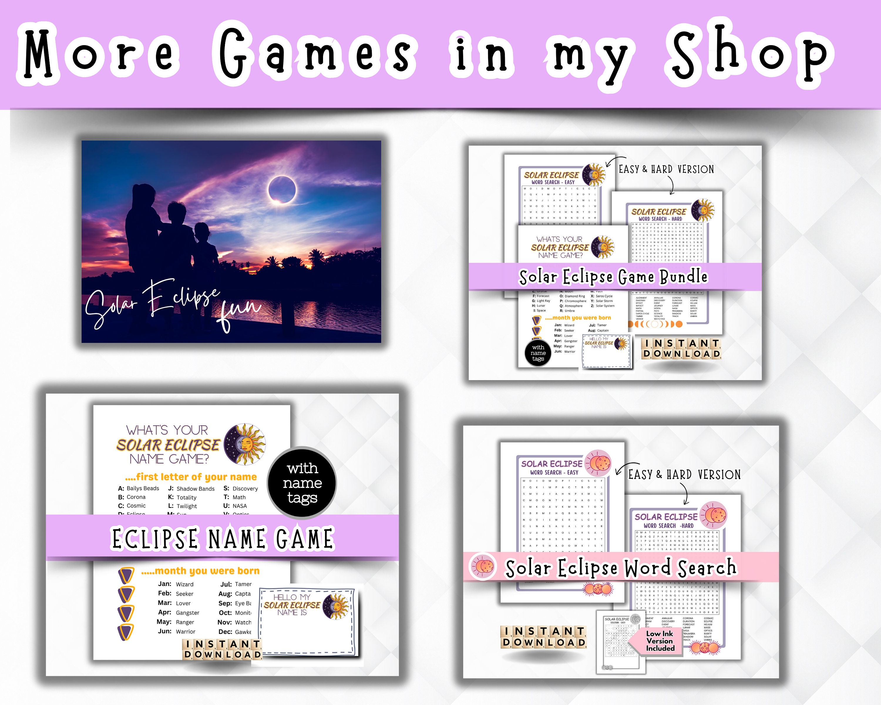 Solar Eclipse Game Bundle, Word Search, Name Game, Games for Kids ...