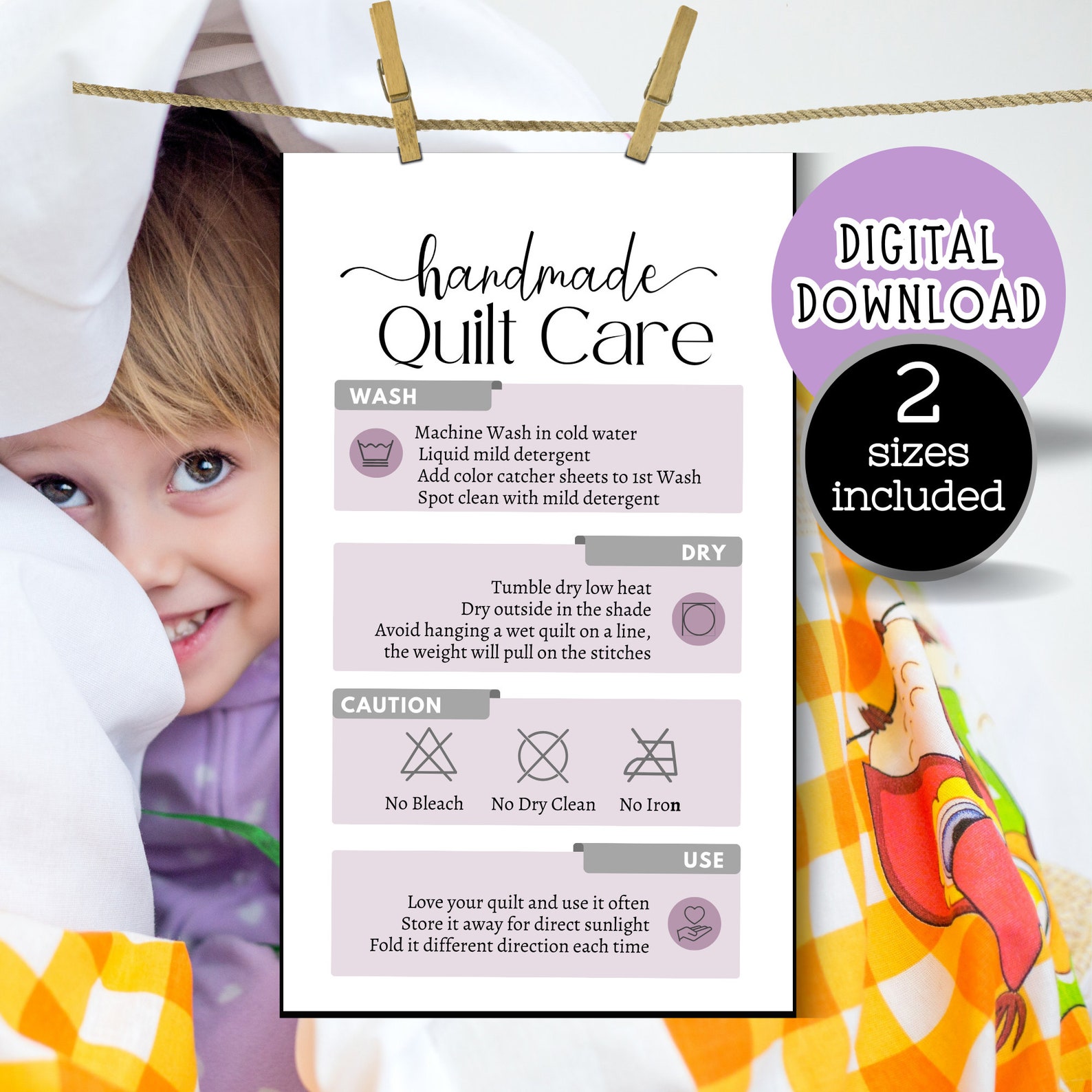 Quilt Care Card, Quilt Gift Tag, Care Instructions, Printable Quilt ...