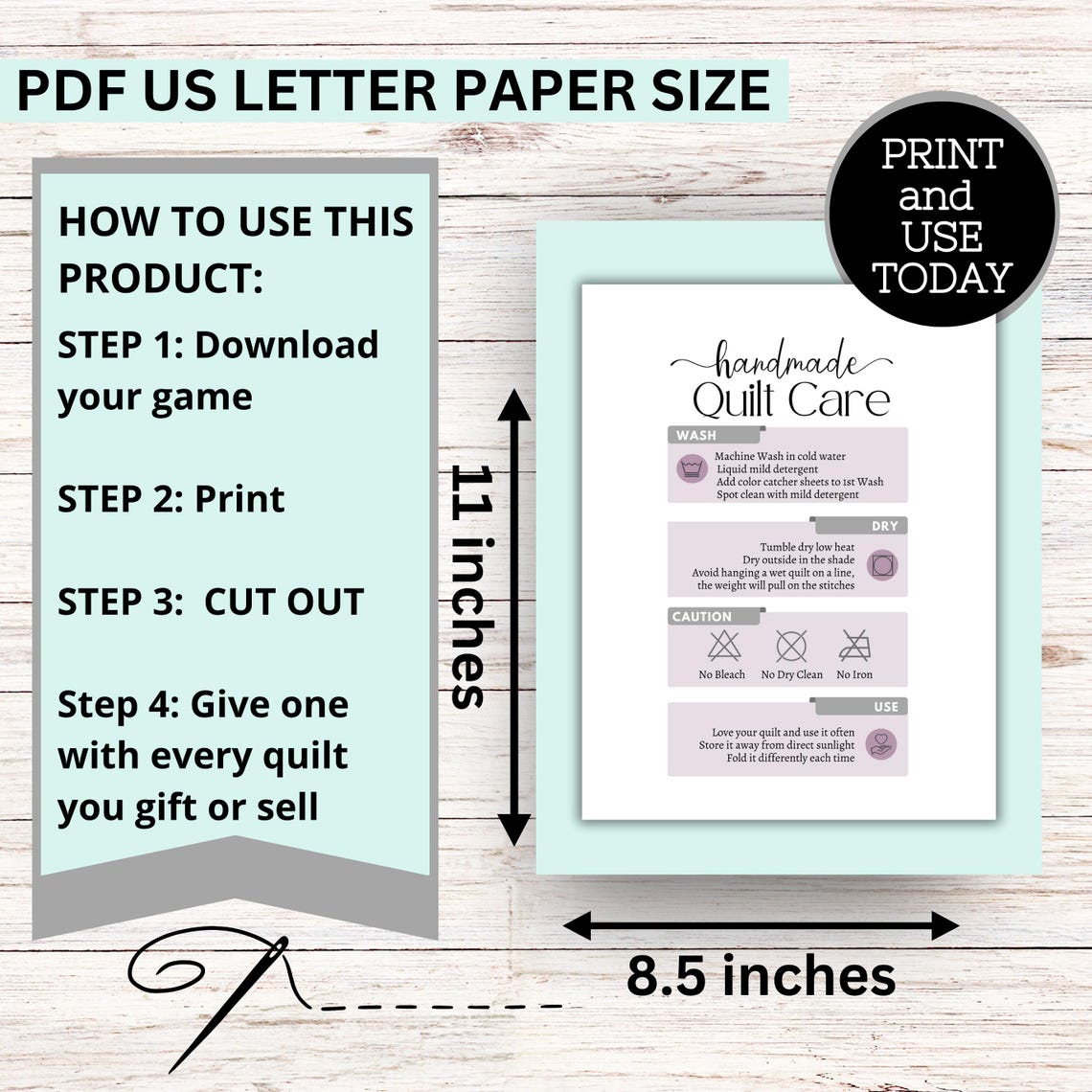 Quilt Care Card, Quilt Gift Tag, Care Instructions, Printable Quilt ...