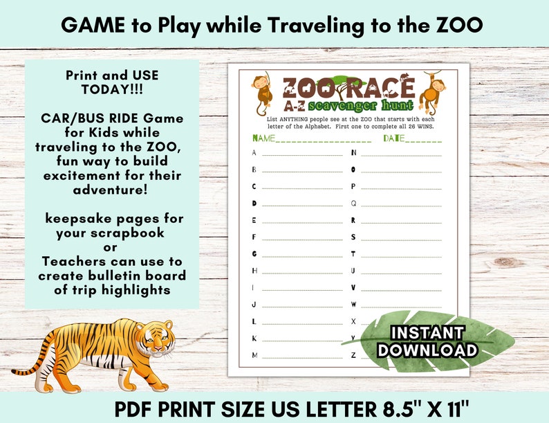 Zoo Scavenger Hunt Game Bundle, Zoo Animals Coloring Pages, A-Z Zoo ...