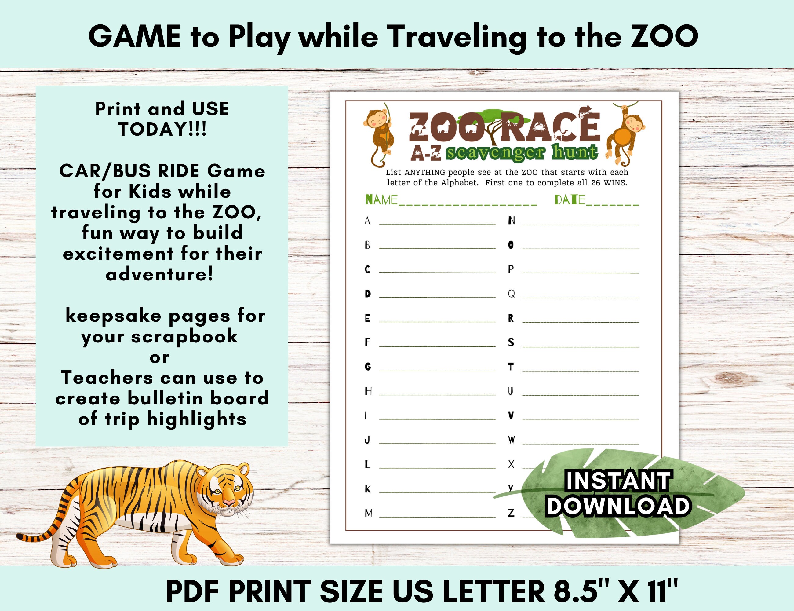 Zoo Scavenger Hunt Game Bundle, Zoo Animals Coloring Pages, A-Z Zoo ...