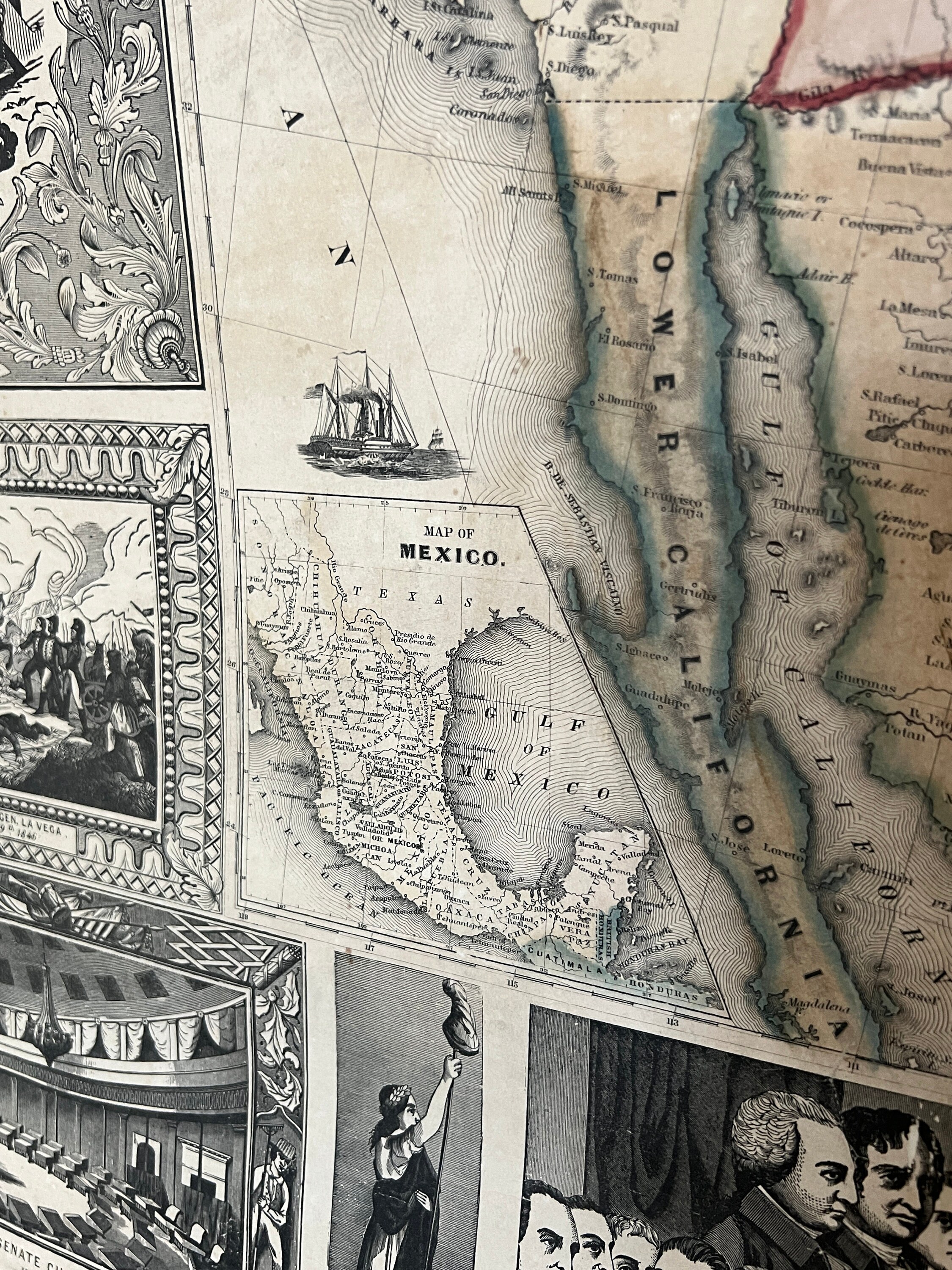 Antique Pictorial Wall Map of the United States C. 1853 Roll-up Banner ...