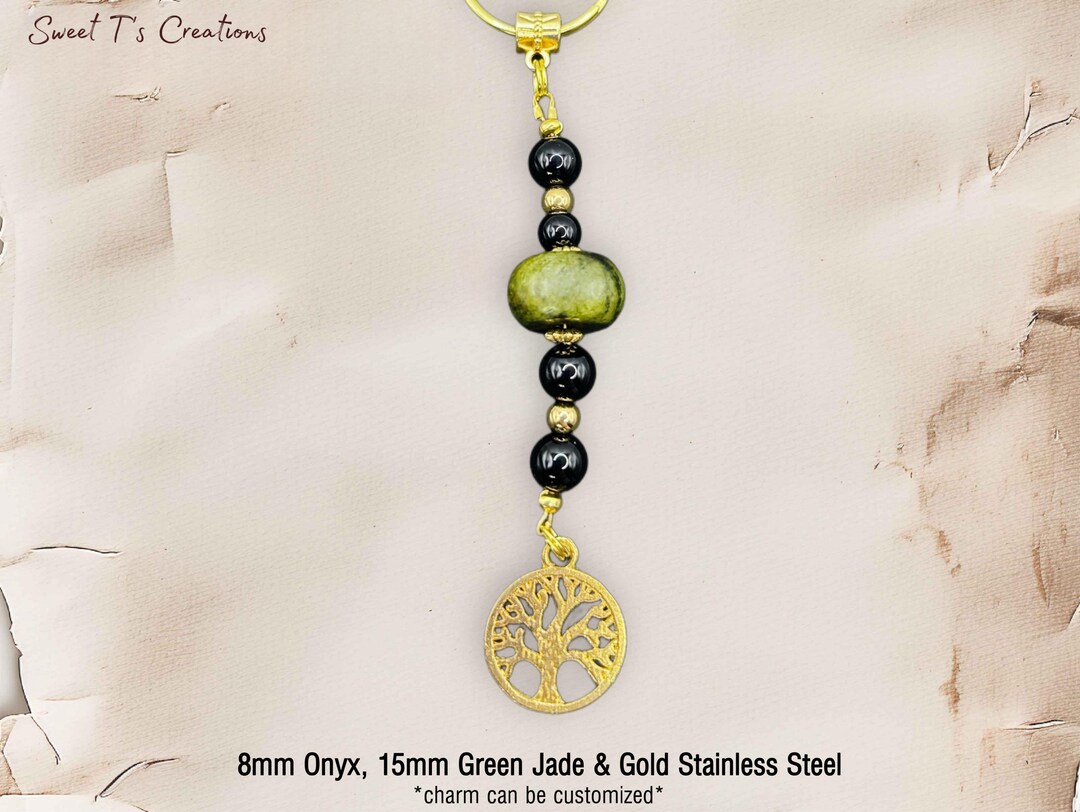 Green Jade & Onyx Keychain, Gold, Customizable, Chakra Gemstone ...