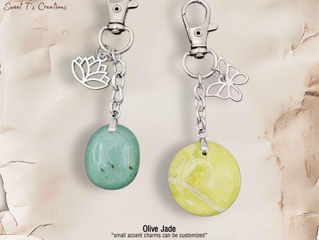Green Olive Jade Keychain, Customizable, Chakra Crystal Gemstone, Car ...