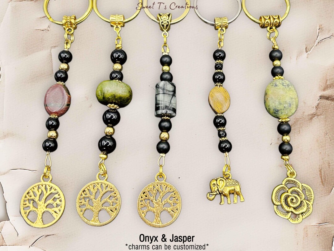 Onyx & Jasper Gemstone Keychain, Gold, Customizable, Chakra Crystals ...