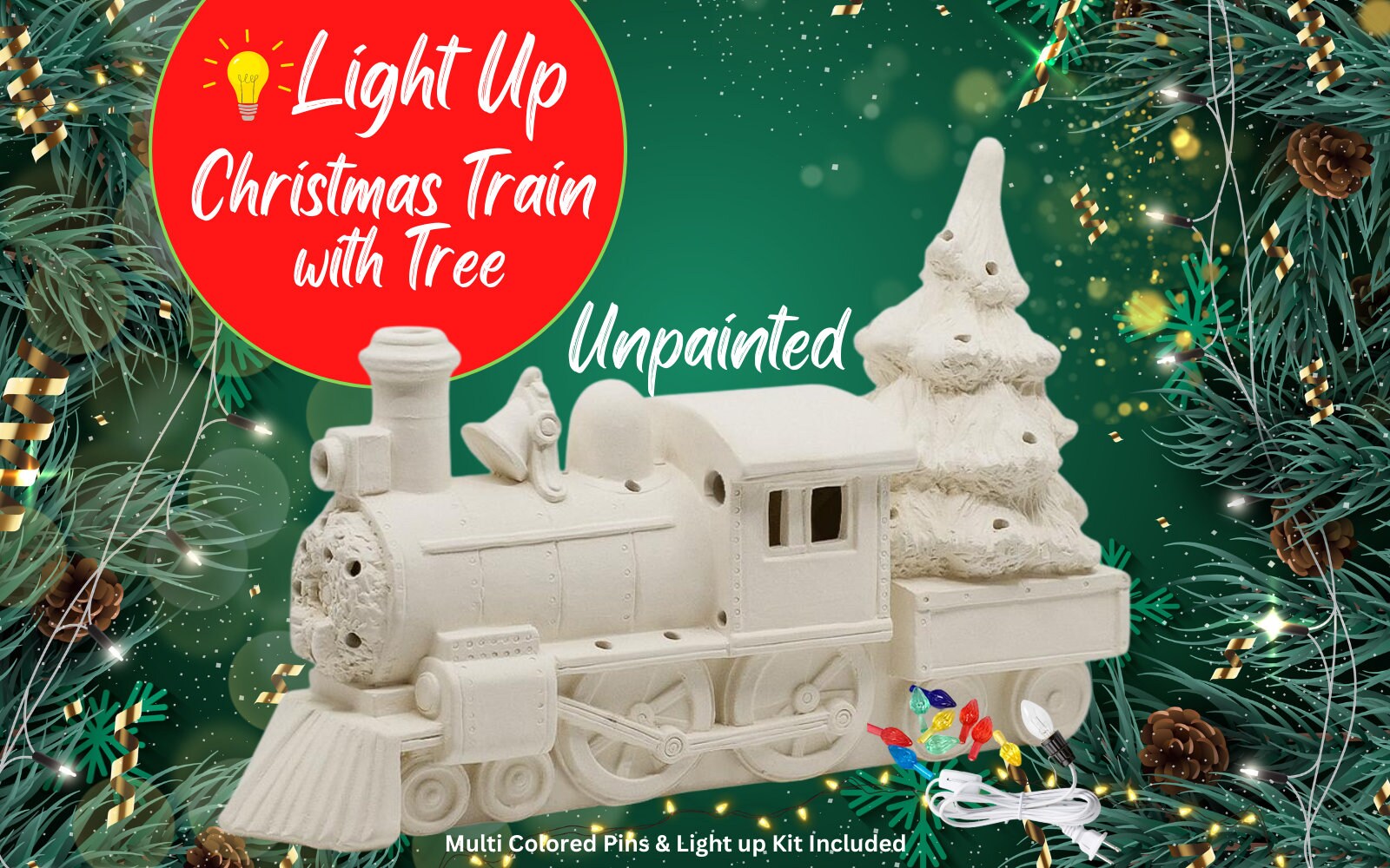 Light up Holiday Christmas Train With Tree - Ceramic Bisque - Unpainted ...