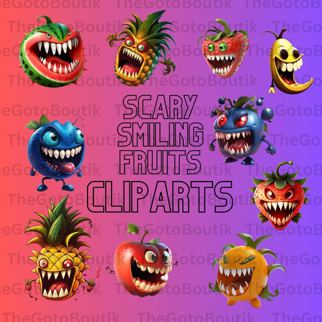 Bundle of 60 Digital Scary Fruits Cartoon Style Clipart, Strawberries ...
