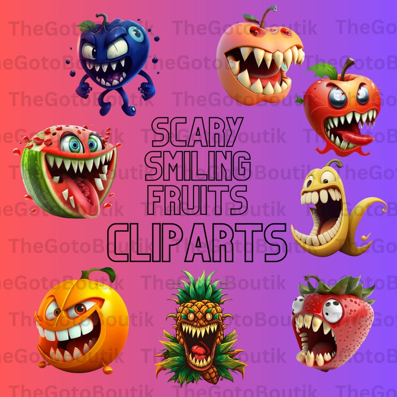 Bundle of 60 Digital Scary Fruits Cartoon Style Clipart, Strawberries ...