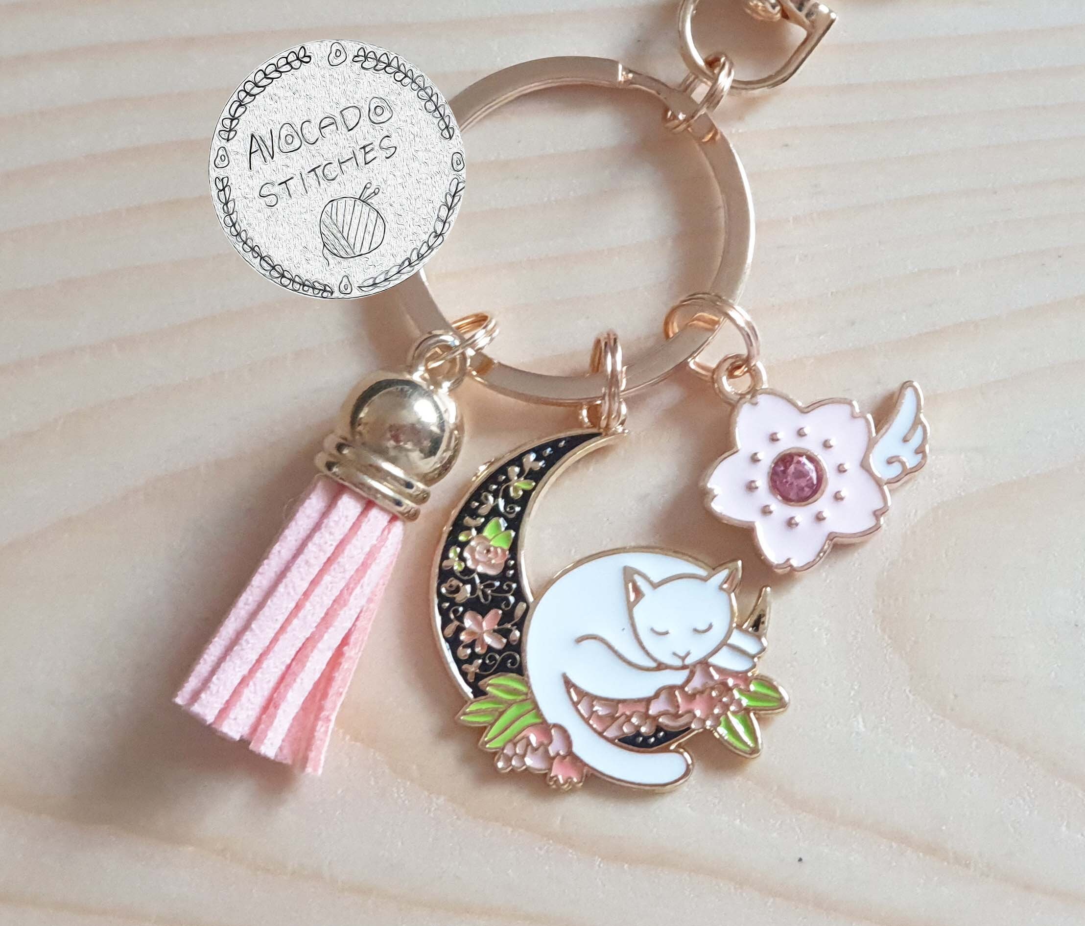SLEEPY CAT on the MOON Keychain /pet Key Ring / Kitten Tassel Keychain ...